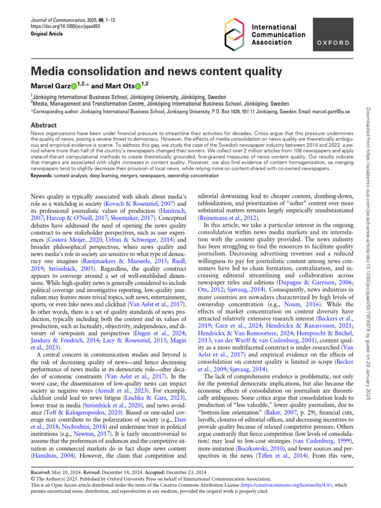 Media Consolidation and News Content Quality-2025 | PDF | News | Newspapers