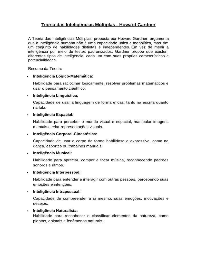 Teoria das Inteligências Múltiplas | PDF | Inteligência | Aprendizado