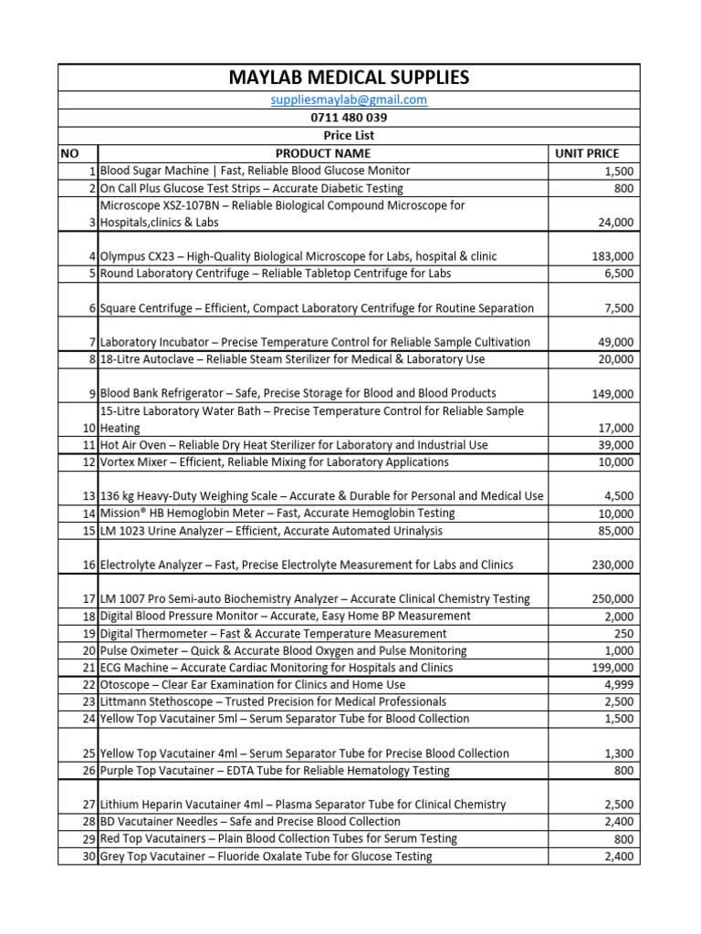 Maylab Product Price List | PDF | Blood Plasma | Monitoring (Medicine)