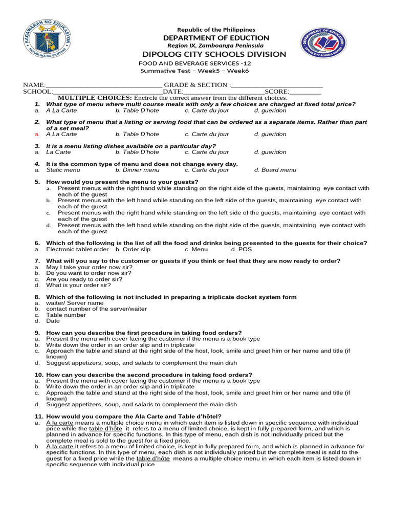 Food and Beverage Services Test | PDF | Menu | Cooking