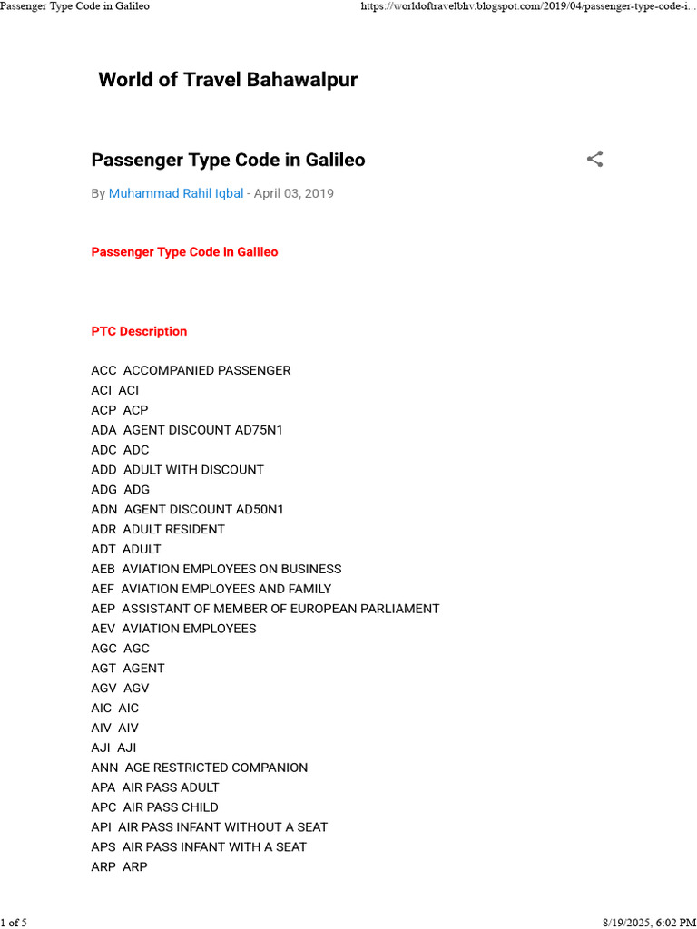 Passenger Type Codes in Galileo | PDF