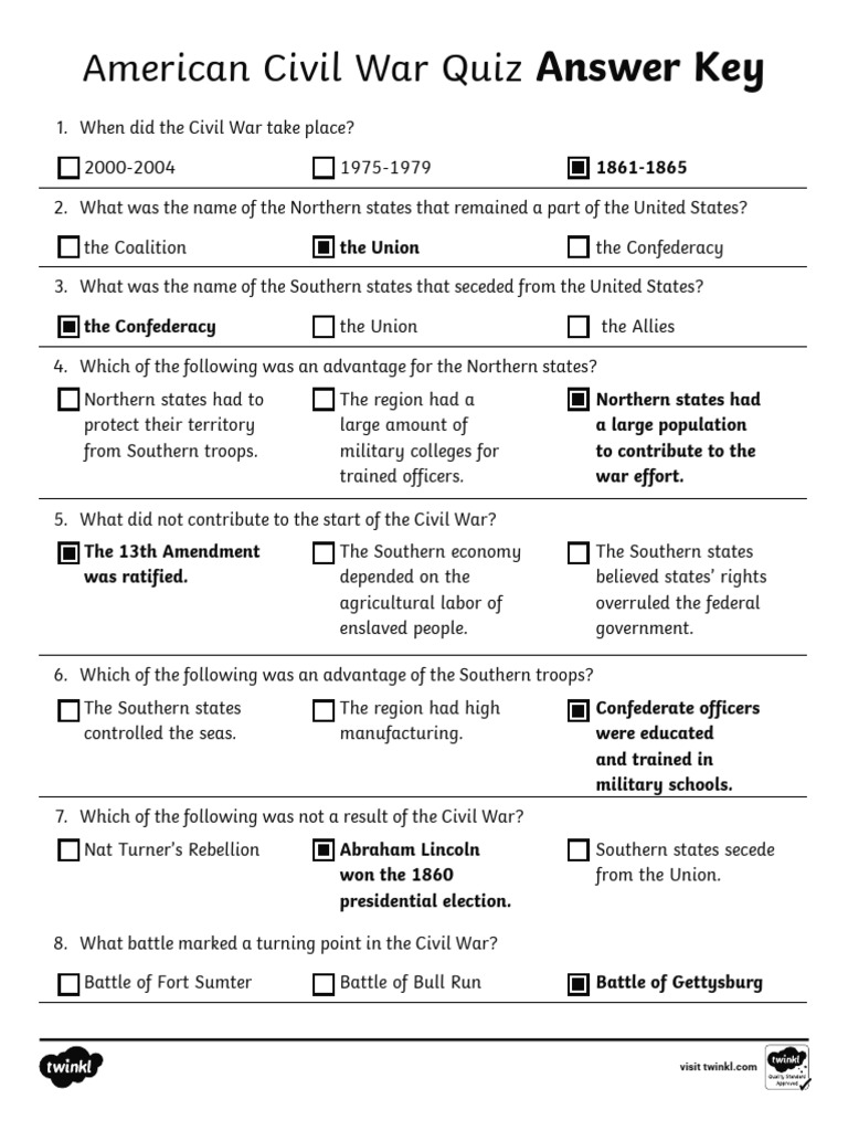 American Civil War Quiz Answer Key | PDF | American Civil War ...