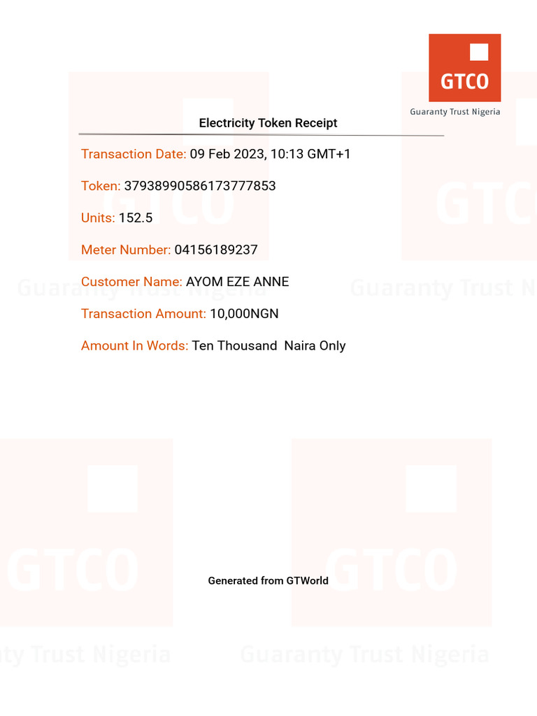 GTWorld - Electricity Token Retrieval Code Receipt | PDF