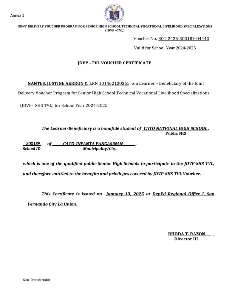 CATO NHS 300189 CSS Annex 5 JDVP TVL Voucher Certificate | PDF