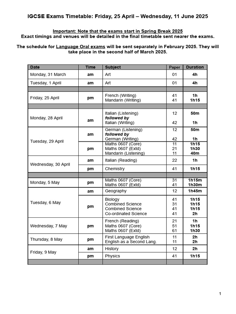 IGCSE Final Timetable 2025 | PDF