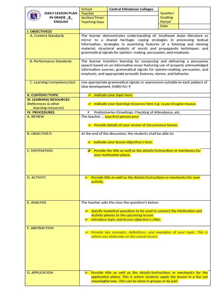 Sample 4A Semi Detailed Lesson Plan DepEd | PDF | Learning | Teachers