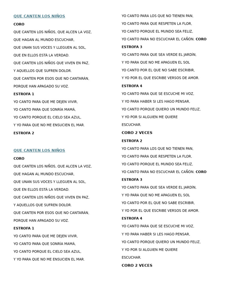 Letra de "Que Canten los Niños" | PDF