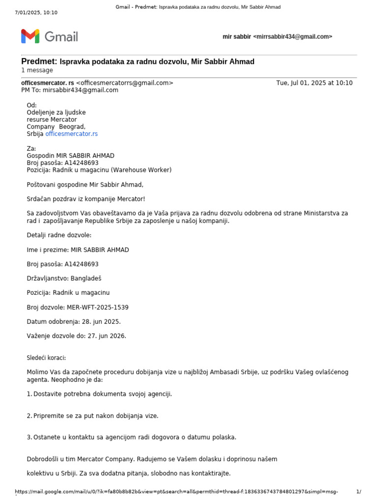 Gmail - Predmet - Odobrenje Radne Dozvole - Mercator Company, Srbija | PDF