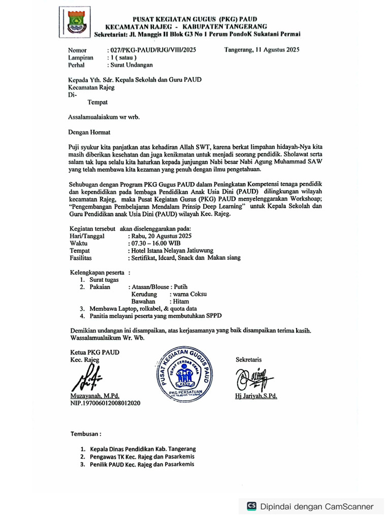 Surat Undangan Peserta Workshop PKG PAUD Kec Rajeg | PDF