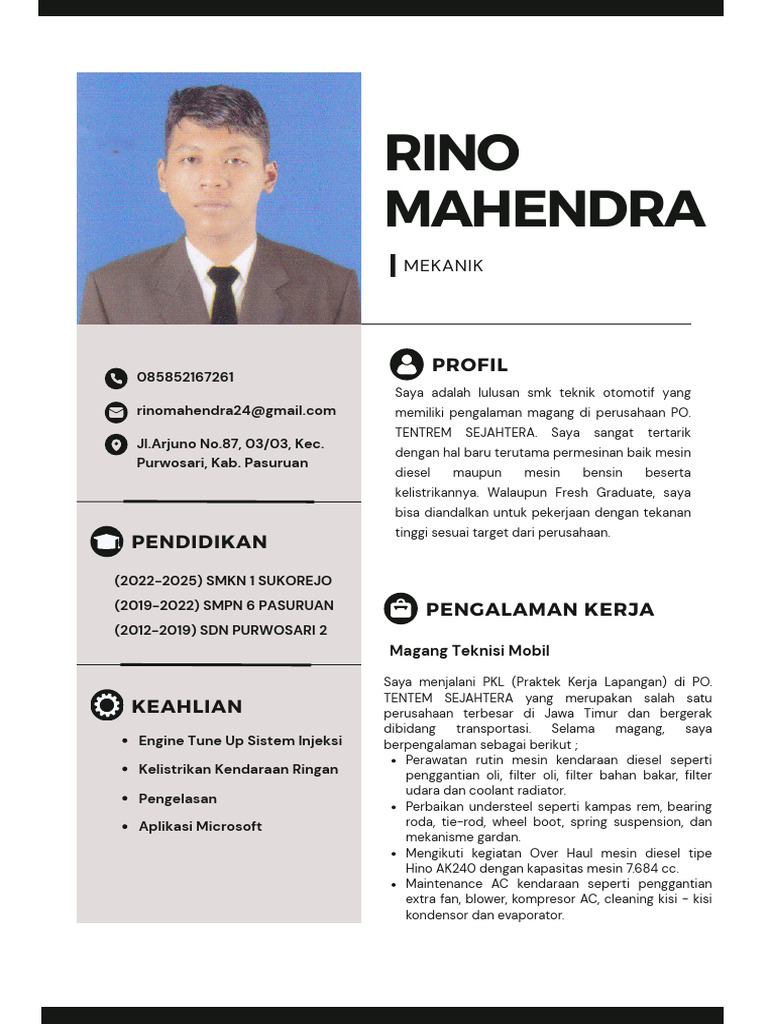 CV Lulusan SMK Teknik Otomotif | PDF