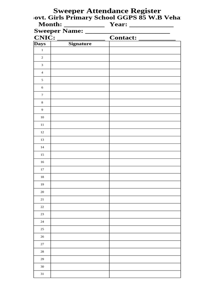 Sweeper Attendance Register Template | PDF