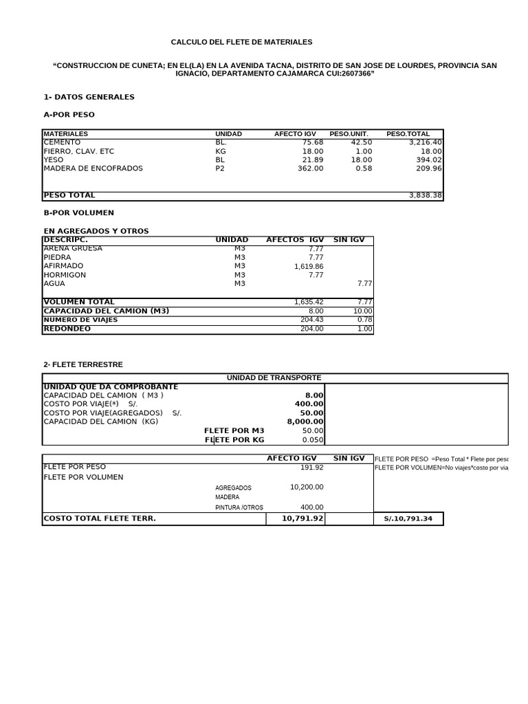 Cálculo de Flete de Materiales Construcción | PDF | Bienes raíces ...