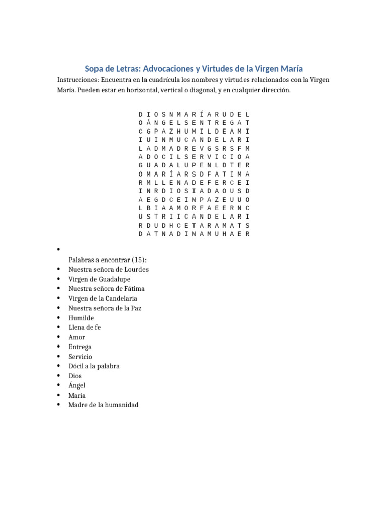 Sopa de Letras Virgen María | PDF