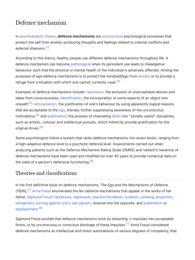 Defence Mechanism - Wikipedia | PDF | Psychology | Psychological Concepts