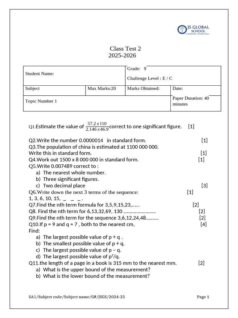 Grade 9 Class Test 2: Math Challenges | PDF
