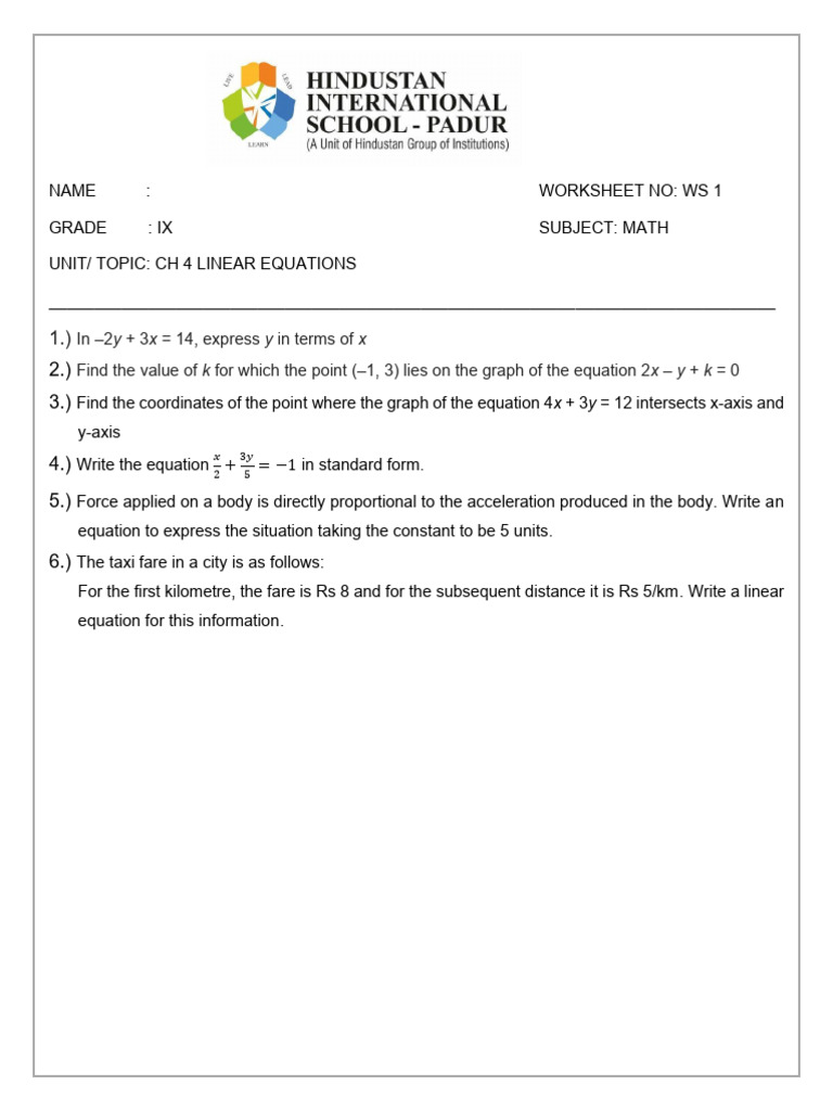 GR 9 Linear Eqn WS 1 (2025-26) | PDF