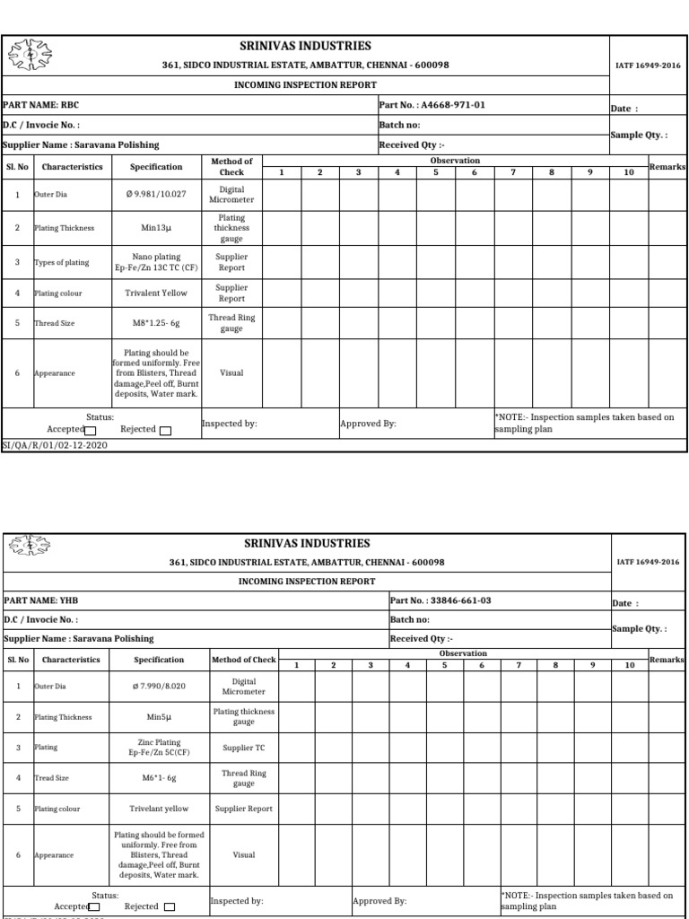 Incoming Inspection Reports Overview | PDF