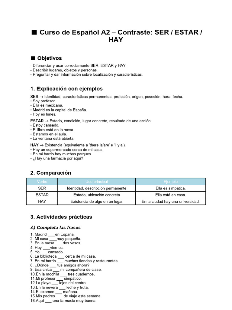 Uso de SER, ESTAR y HAY en Español | PDF