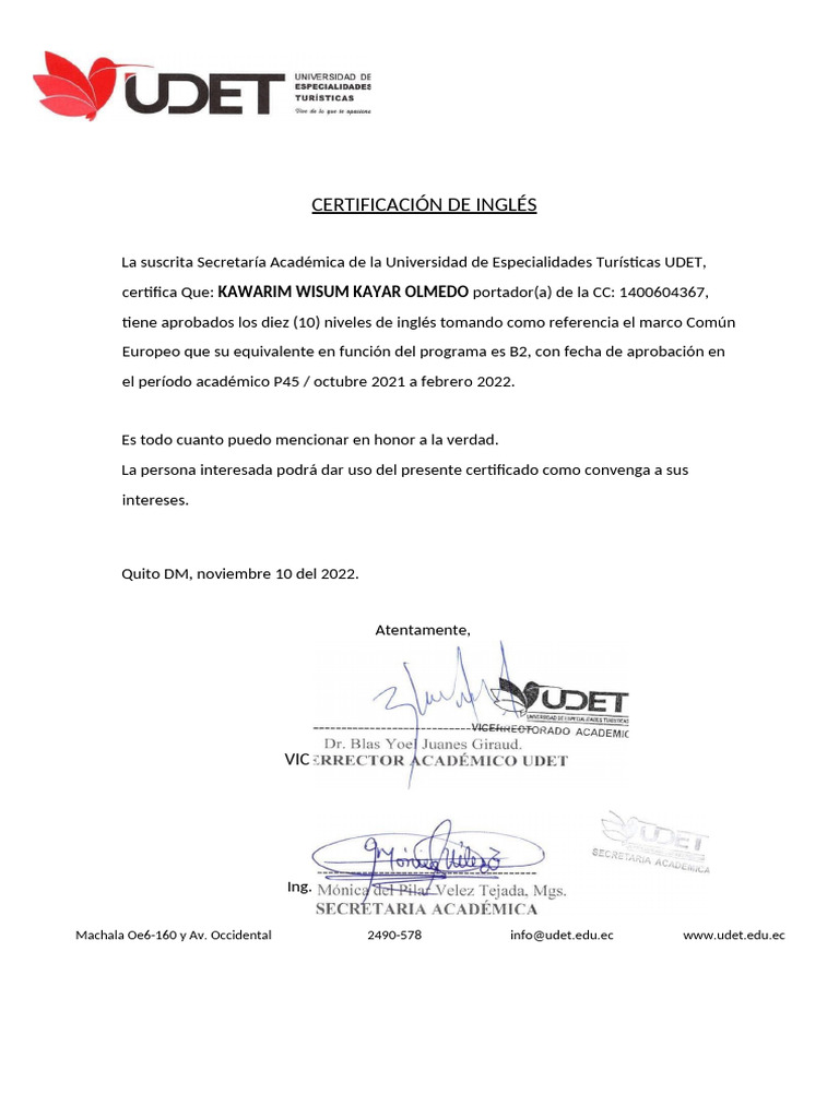 CERTIFICADO DE INGLES OLMEDO KAYARCHIR.b2 | PDF