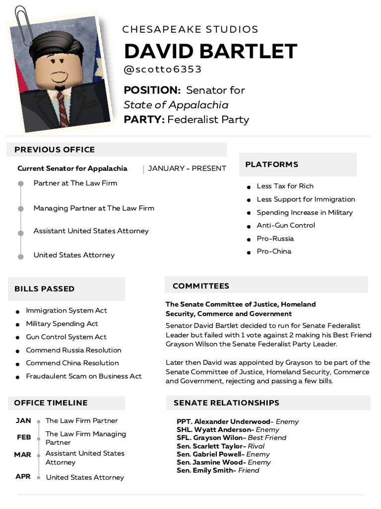 Senator David Bartlet's Political Profile | PDF | Politics Of The ...