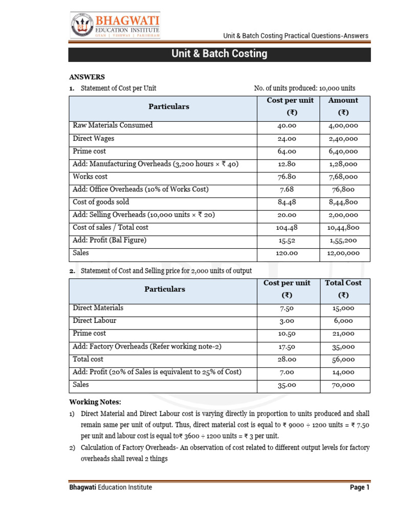 Unit & Batch Costing Pratical Questions-Answers | PDF | Cost Of Goods Sold | Business