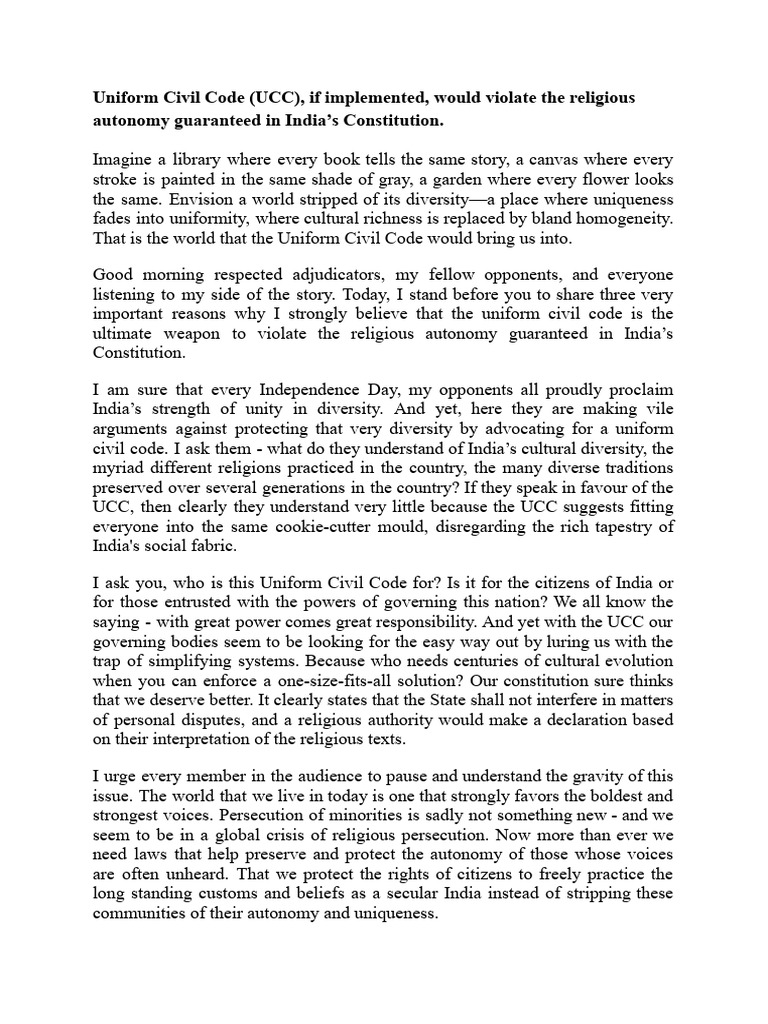 For UCC If Implemented Would Violate The Religious Autonomy Guaranteed ...