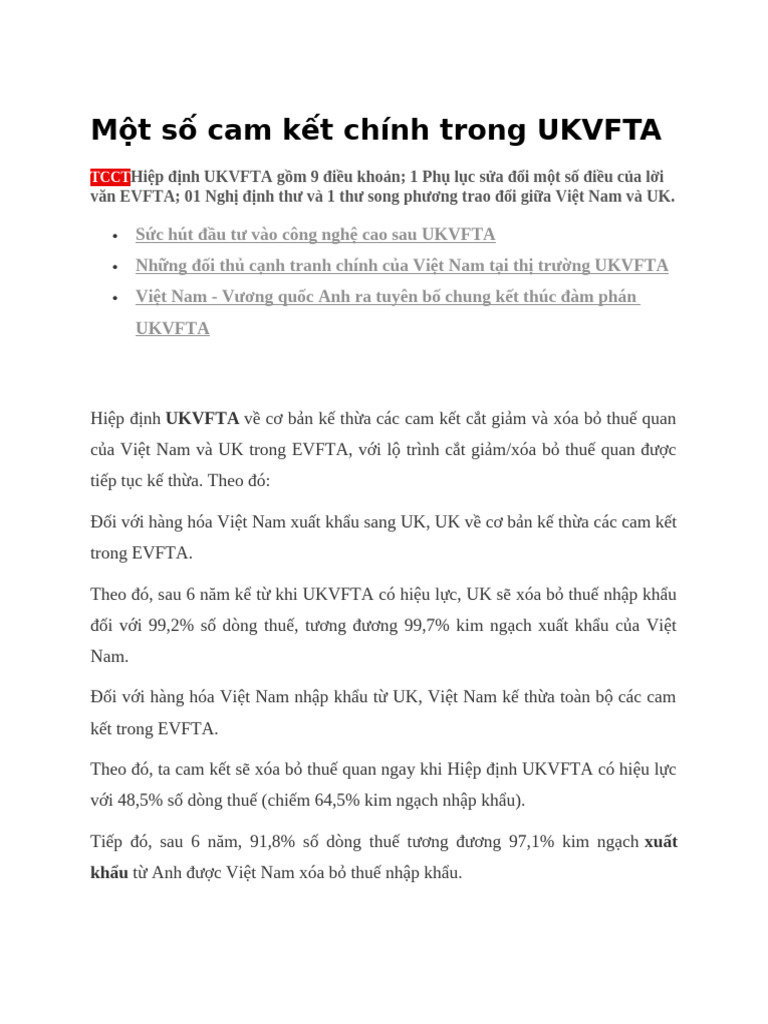 Một số cam kết chính trong UKVFTA | PDF