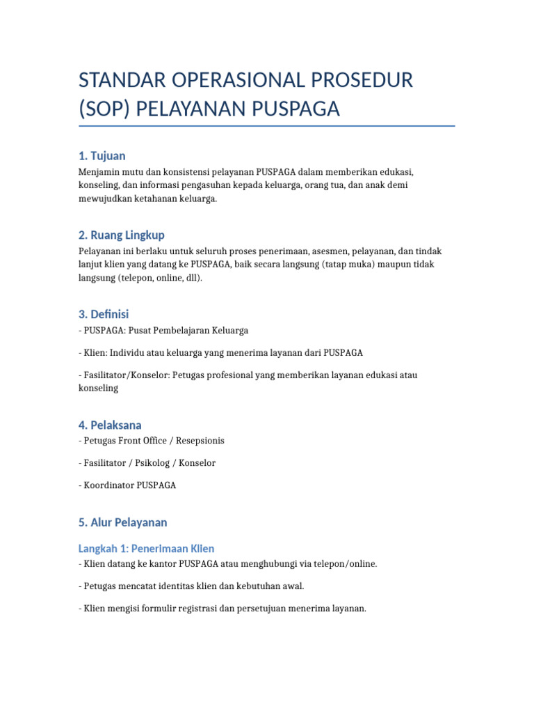 SOP Pelayanan PUSPAGA untuk Keluarga | PDF