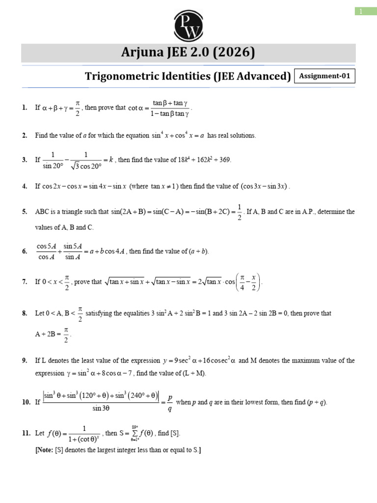 Assignment 01: Trigonometric Identities - Only PDF | PDF | Trigonometric Functions | Chess Theory