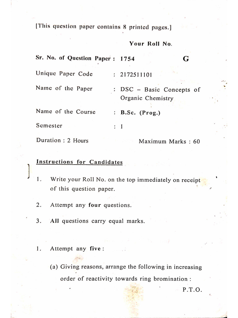 DSC Basic Concepts of Organic Chemistry Sem 1 Pyq | PDF