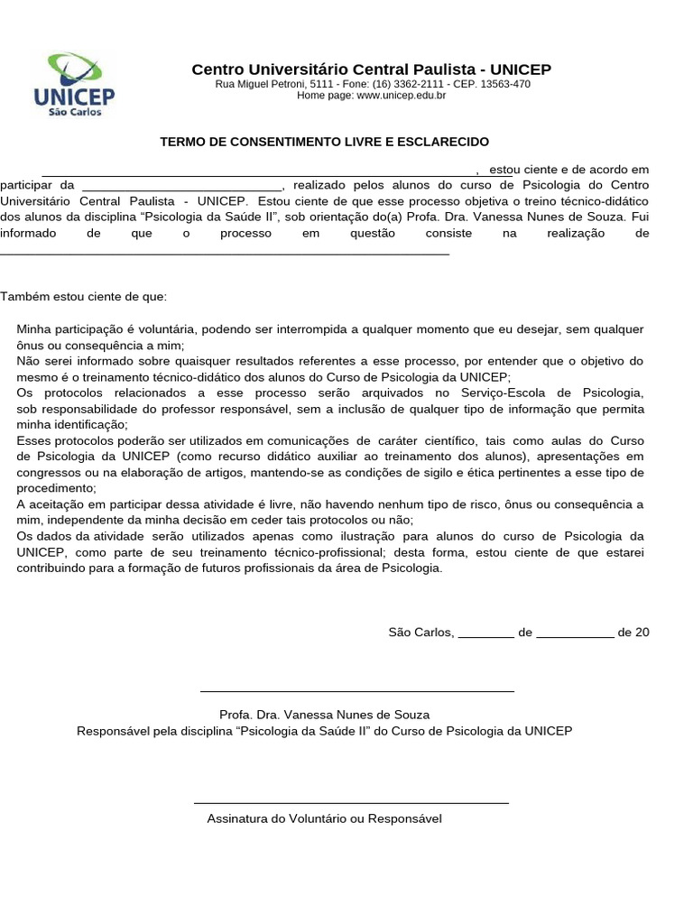 Termo de Consentimento Livre e Esclarecido | PDF | Psicologia