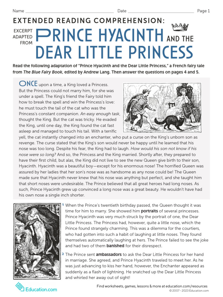 Extended Reading Comprehension Excerpt Adapted From Prince Hyacinth and ...
