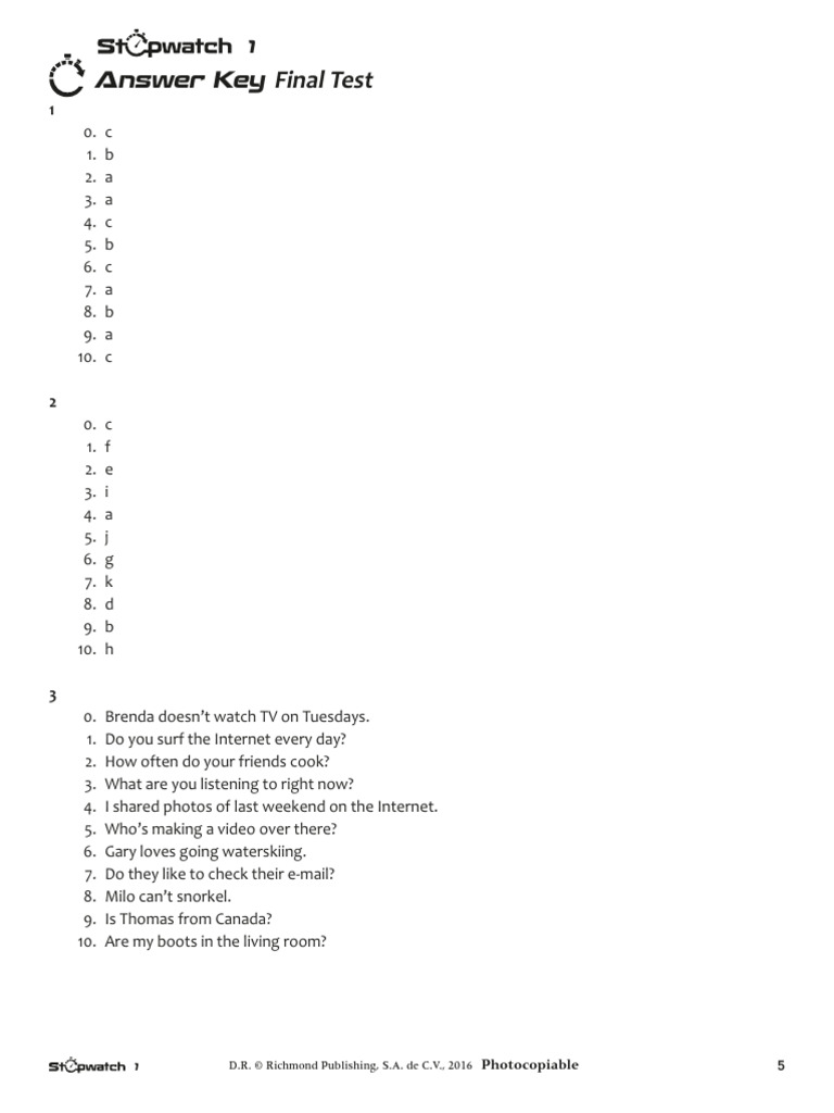 Final Test Answer Key and Rubrics | PDF