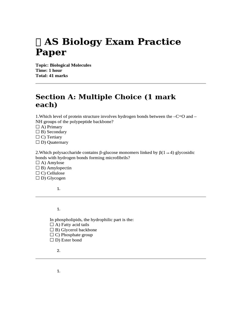 AS Biology Exam: Biological Molecules | PDF | Nucleic Acids | Life Sciences