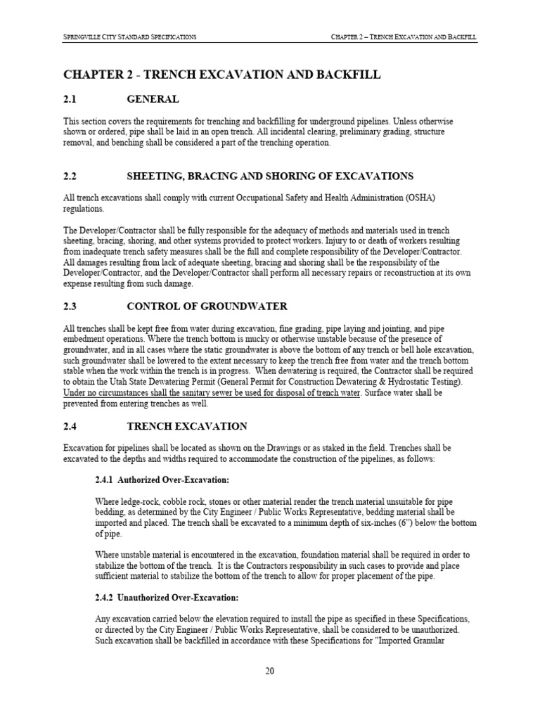 Trench Excavation and Backfill Standards | PDF | Pipe (Fluid Conveyance ...