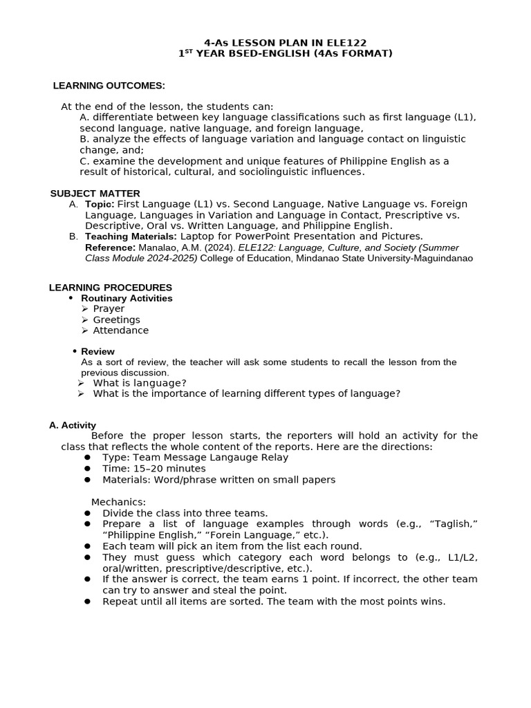 4 As Lesson Plan Format Sample | PDF | Second Language | English Language