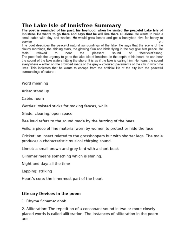 The Lake Isle of Innisfree | PDF | Poetry