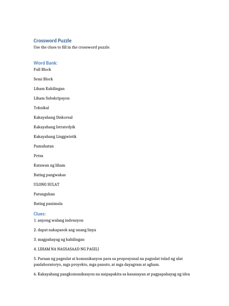 Crossword With Clues | PDF