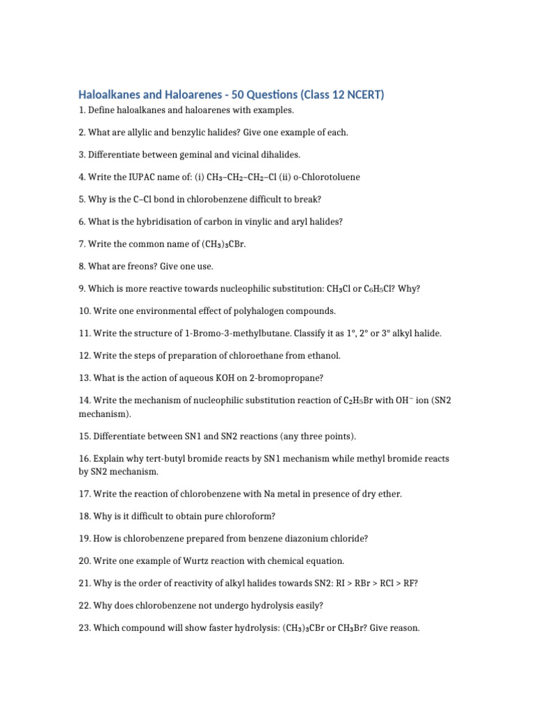Haloalkanes Haloarenes 50 Questions | PDF | Organic Reactions | Organic ...