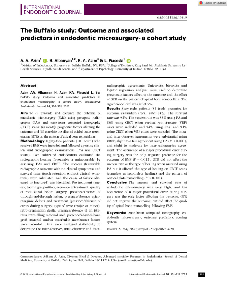 Int Endodontic J - 2020 - Azim - The Buffalo Study Outcome and ...