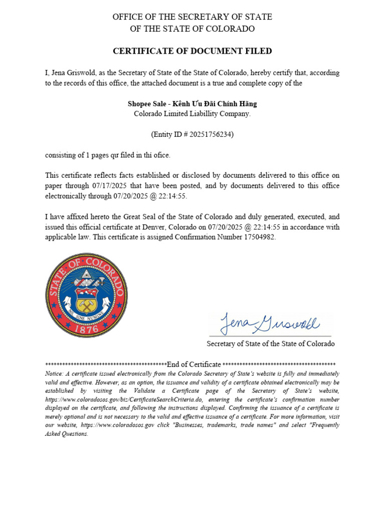 Certificate of LLC Filing: Shopee Sale | PDF | Registered Agent ...