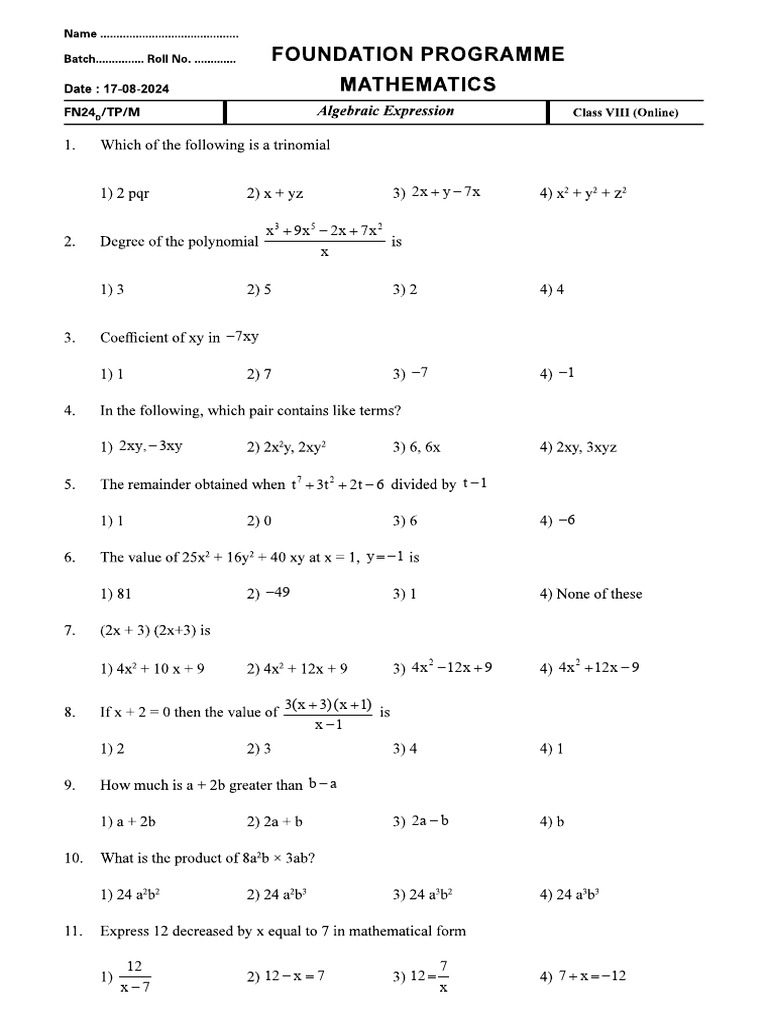 FOUNDATION Class VIII (Algebraic Expression) 17-08-2024 [G1 & G2] | PDF