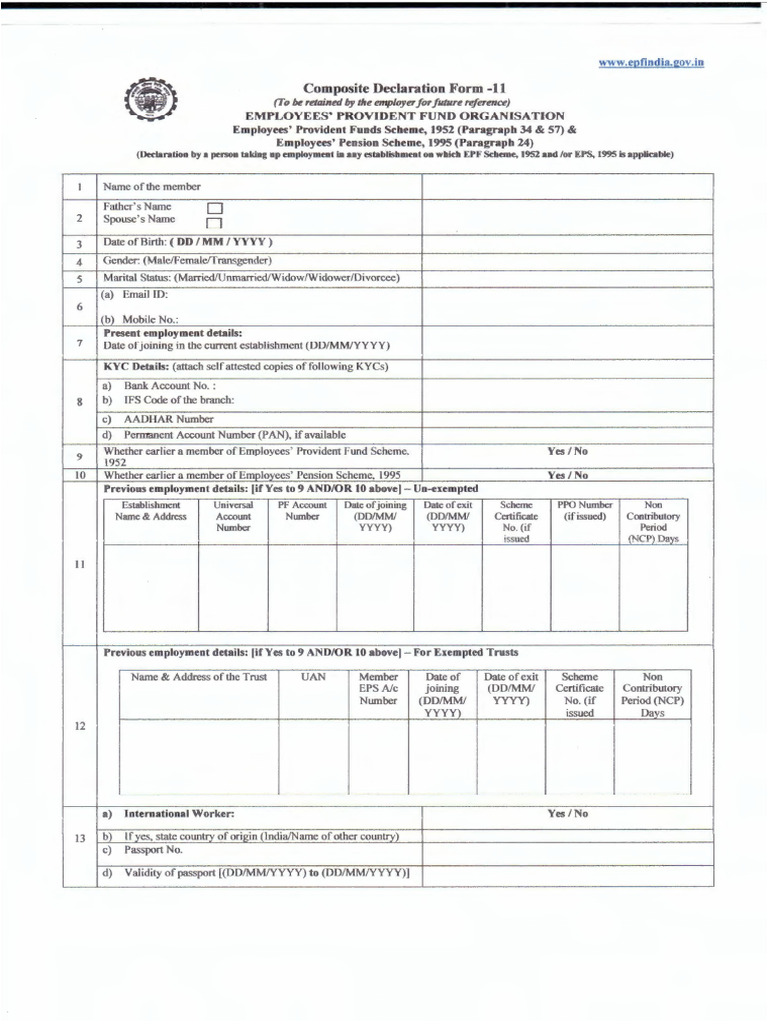 New PF Form 11 Composite PF Declaration Form | PDF