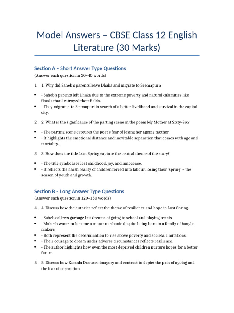 CBSE Class 12 English Literature Answers | PDF