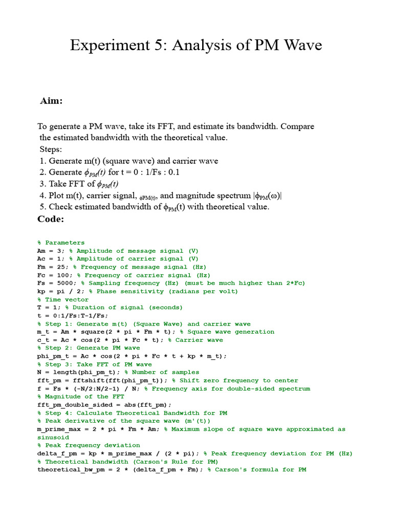 Experiment 5 - Analysis of PM Wave | PDF | Frequency Modulation | Bandwidth (Signal Processing)