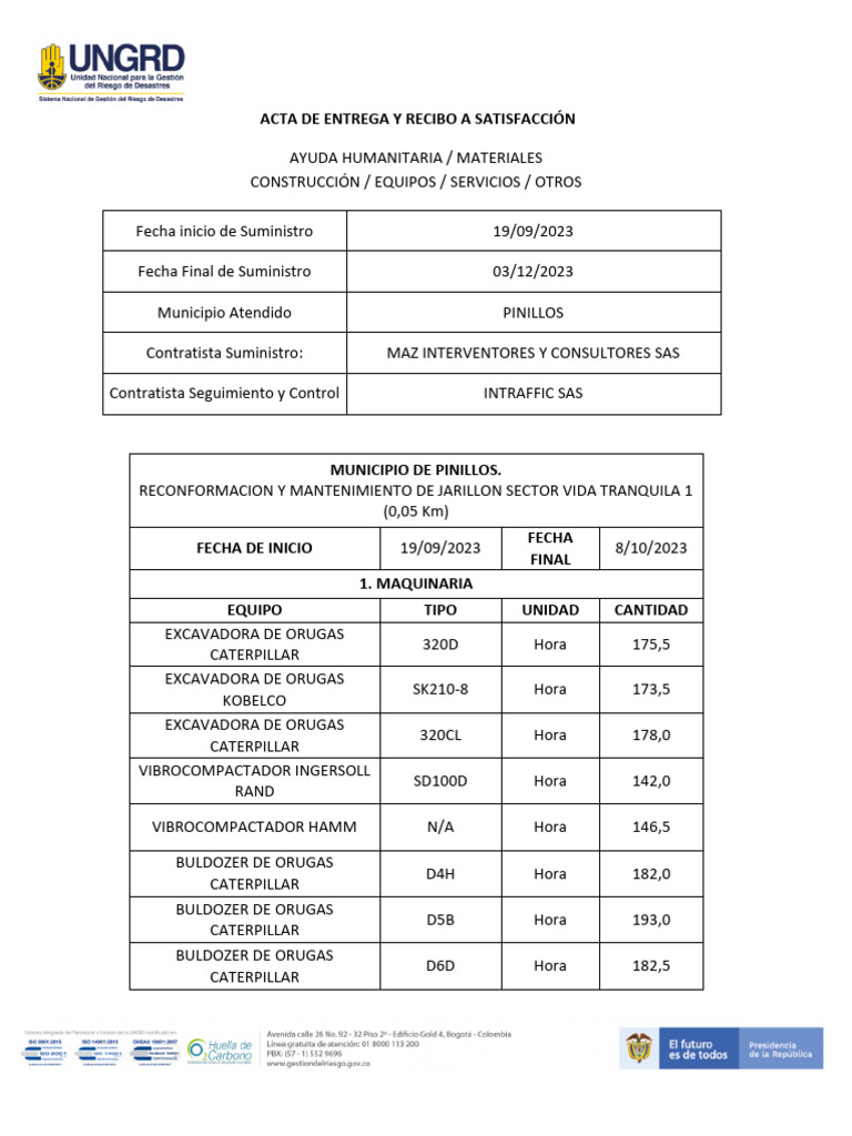 Acta de Entr y Rec A Satisfaccion Pinillos Ok. | PDF