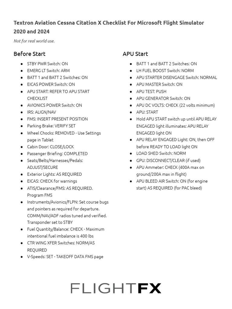 Citation X Full Checklist (Printer Friendly) | PDF | Aviation | Aircraft