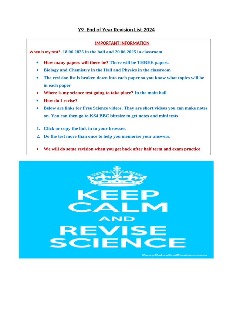 Y9 EOY Revison List 2025 1 | PDF | Chemistry | Biology