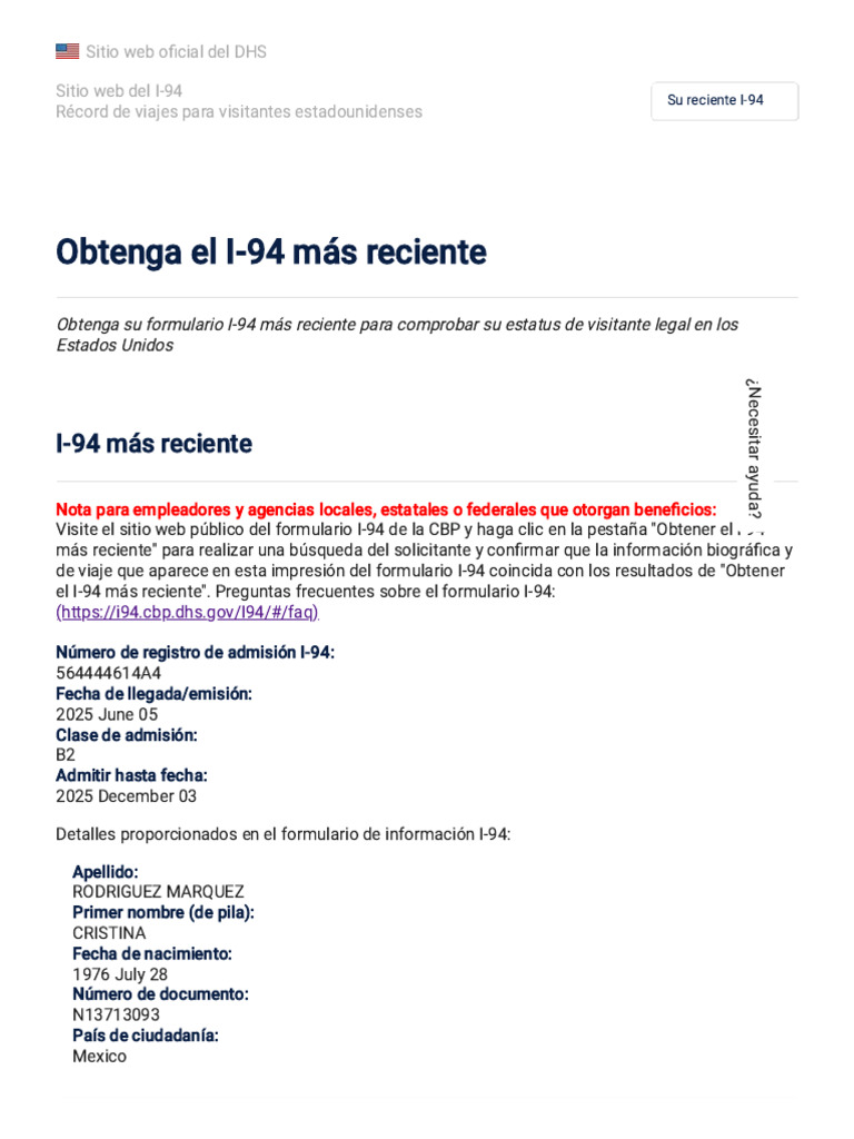 Obtén tu I-94 más reciente en EE.UU. | PDF