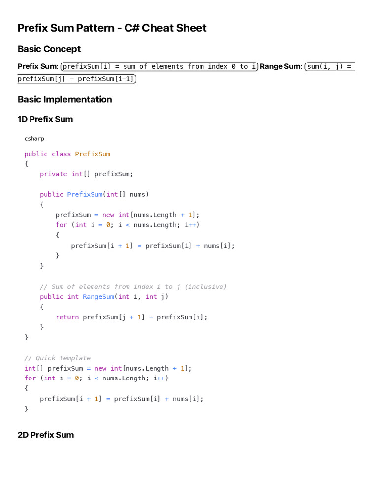 Prefix Sum Pattern Cheat Sheet For C# | PDF | Programming Paradigms | Computing